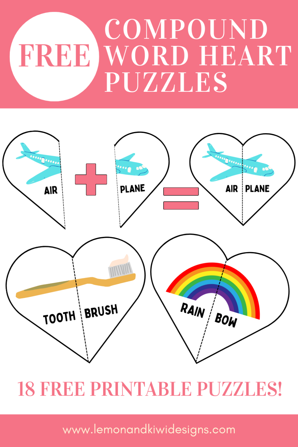Heart-Shaped Compound Word Puzzles - Lemon and Kiwi Designs