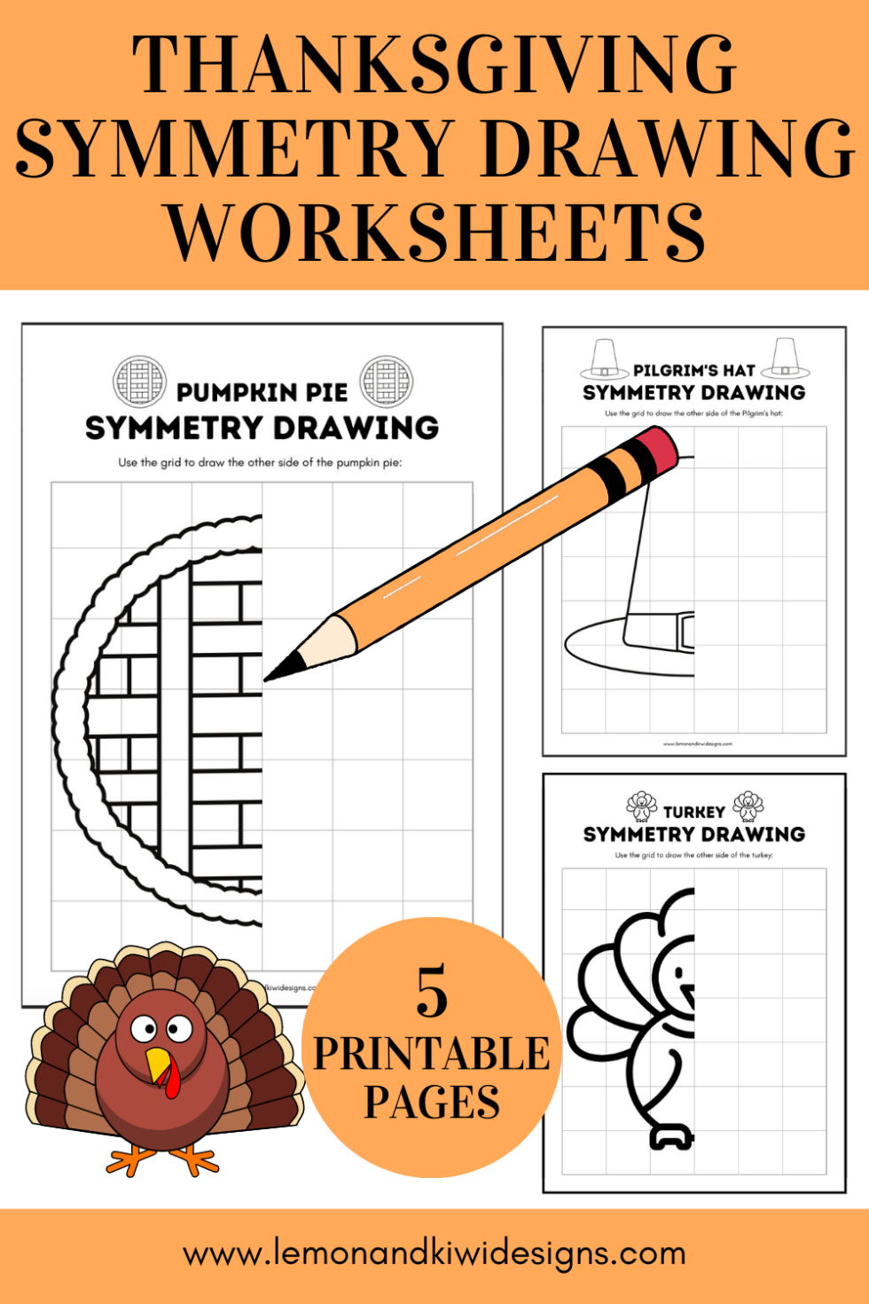 Thanksgiving Symmetry Worksheets - Lemon and Kiwi Designs