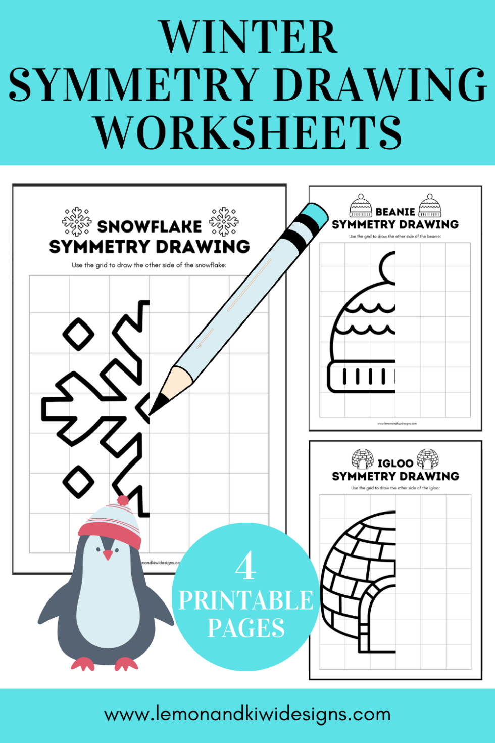 Printable Winter Symmetry Worksheets - Lemon and Kiwi Designs